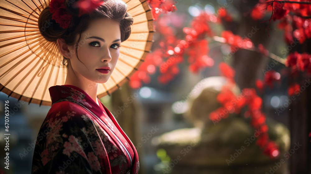 Traditional female geisha in a Japanese garden, red tree blossoms Stock ...