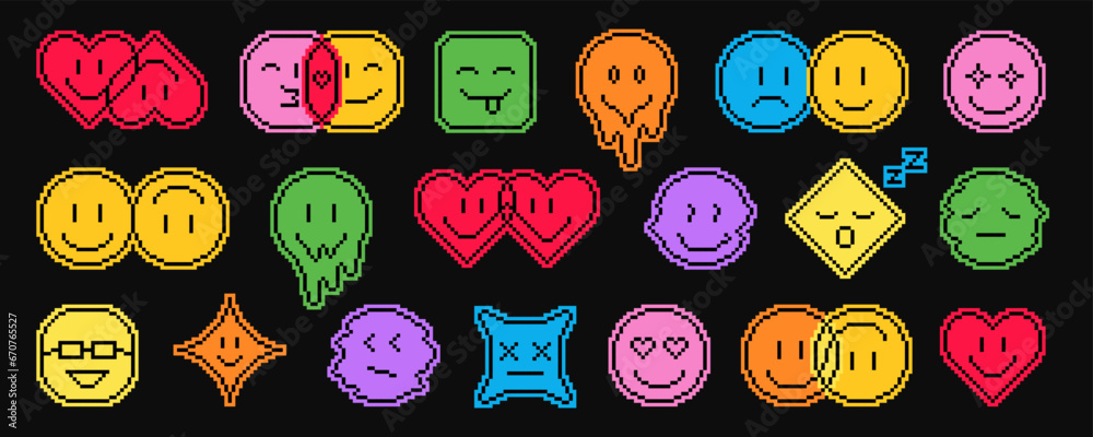 Vetor de Colored pixel emoji smile pack. Various pixel art smiles with ...