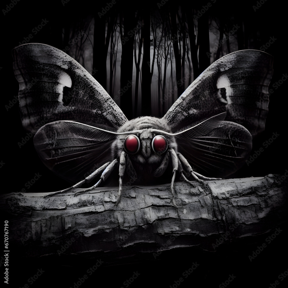 Mysterious Humanoid Horror Creature Cryptid Mothman Monster with Glowing Red Eyes and Wings in ...