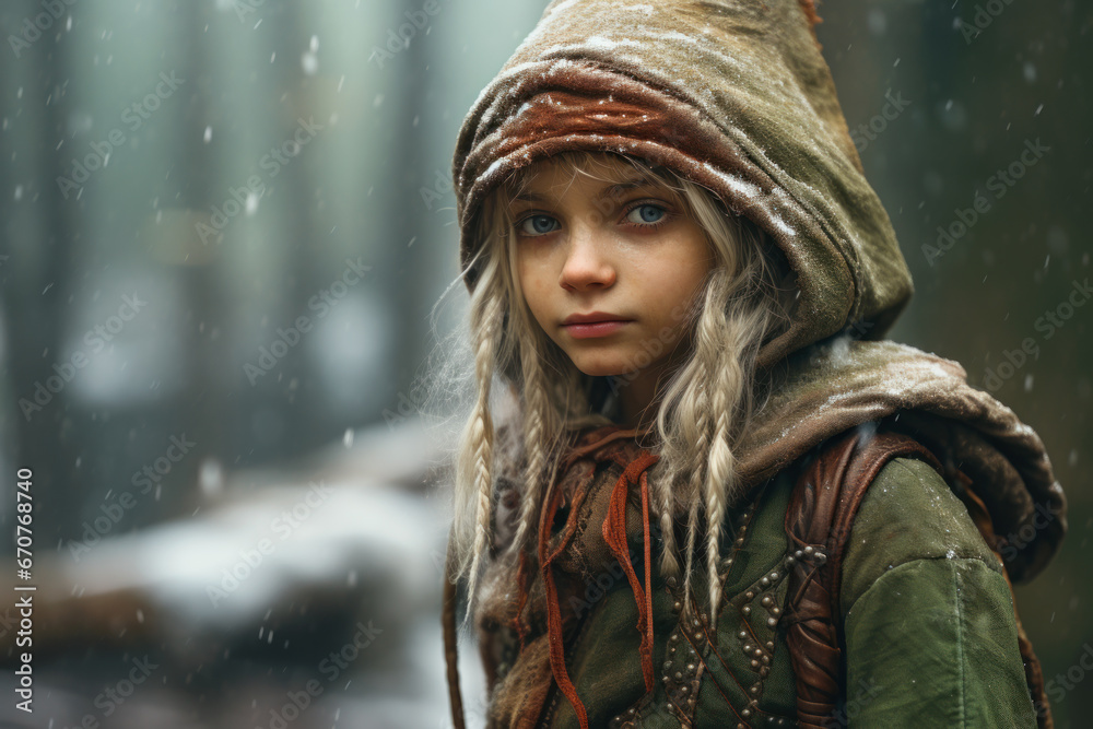 Young girl elf in winter, face of elven teenager on blurred snow ...