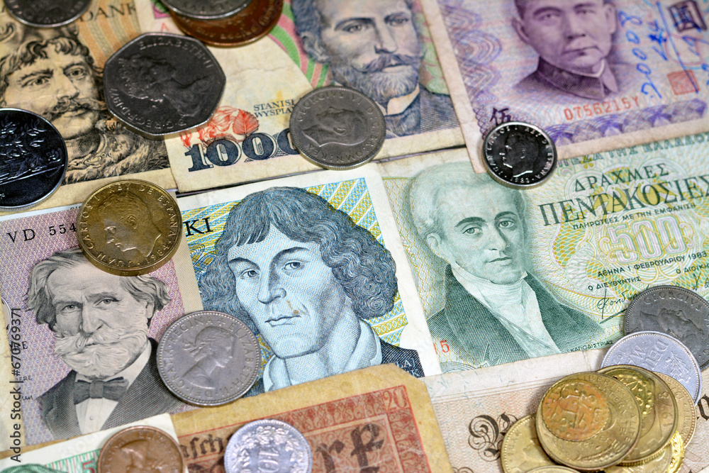 Old money currency of banknotes and coins from different countries of ...