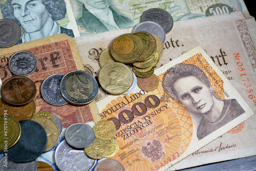 Old money currency of banknotes and coins from different countries of ...