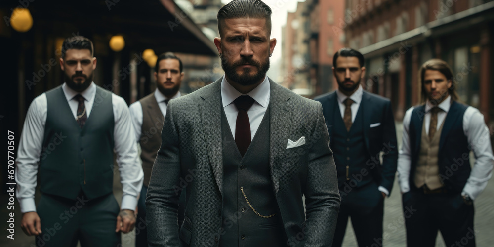 Handsome tattooed gangster man, with a beard in a luxurious suit ...