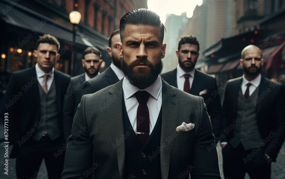 Handsome tattooed gangster man, with a beard in a luxurious suit ...