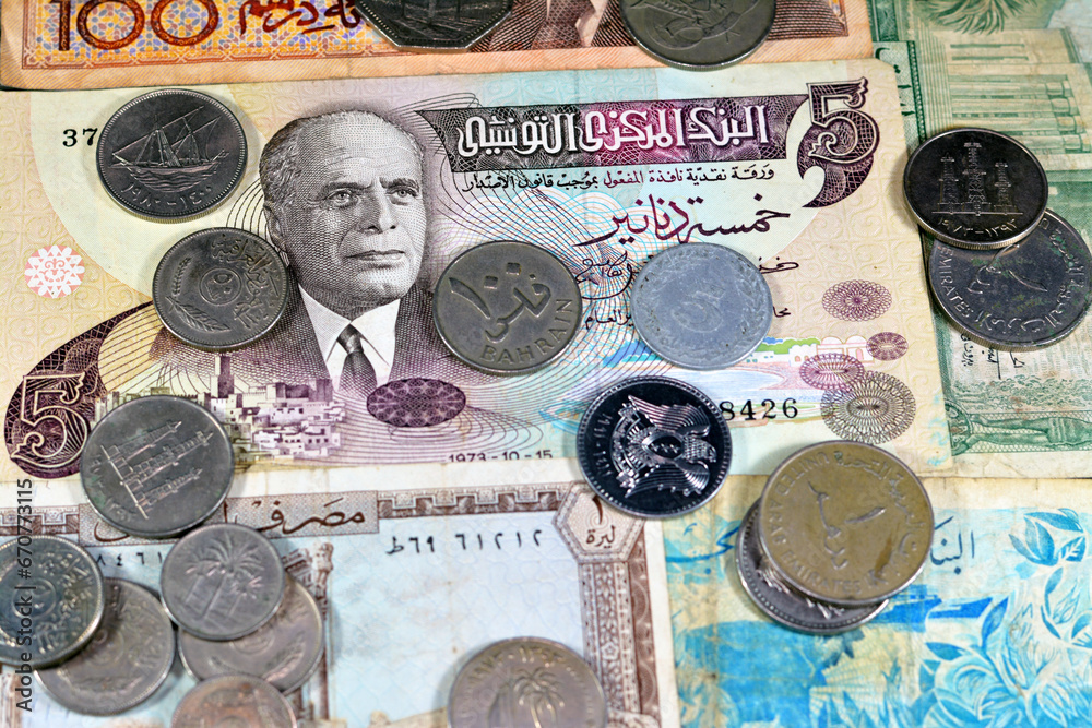 Collection of Old Arabian money banknotes and coins from different ...