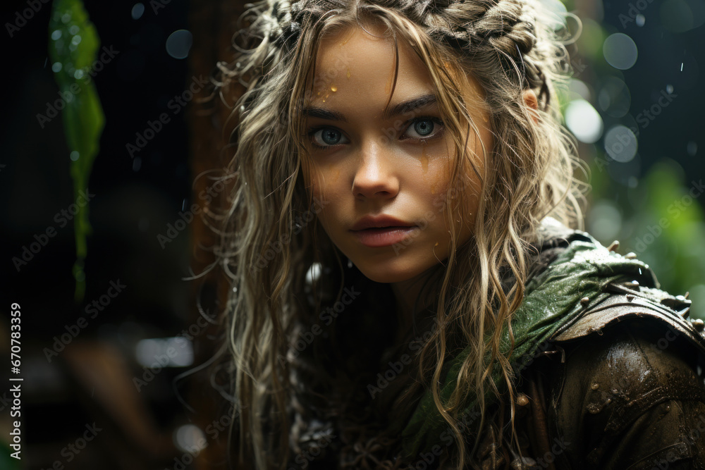 Girl elf in forest, face of elven teen with blue eyes. Portrait of ...