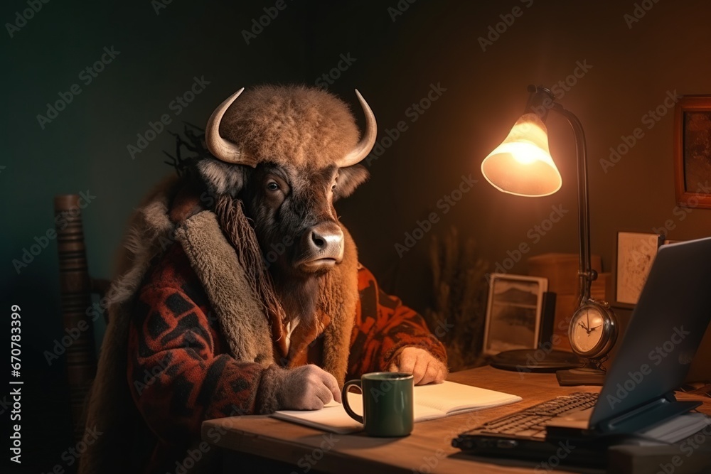 bull dressed working at night sitting with lamp having a lot of tasks ...