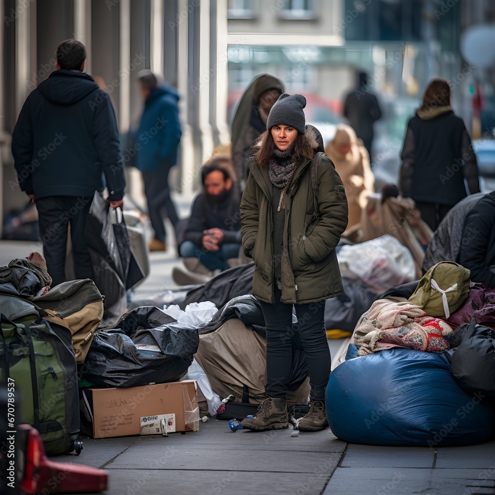 Group of homeless people camped out on a city street - generative AI ...