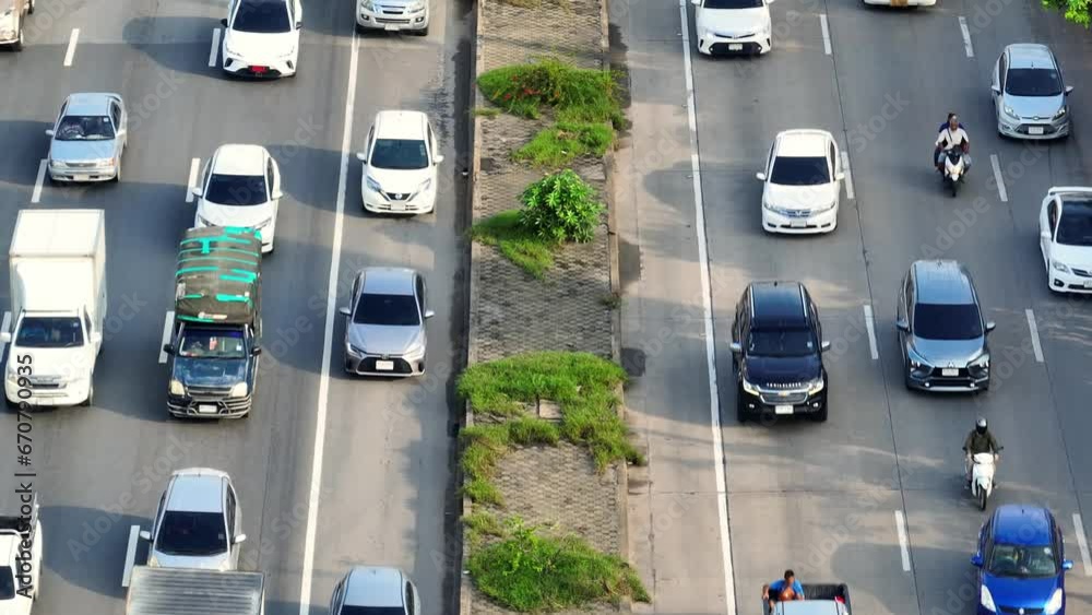 Amidst a traffic gridlock on the motorway, drone's eye reveals a sea of ...