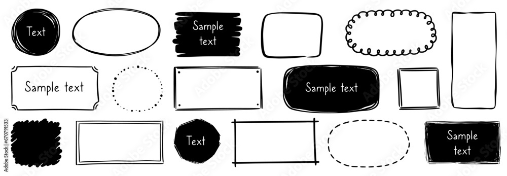 Hand drawn doodle frame set. Box, square, rectangle, circle shape brush ...