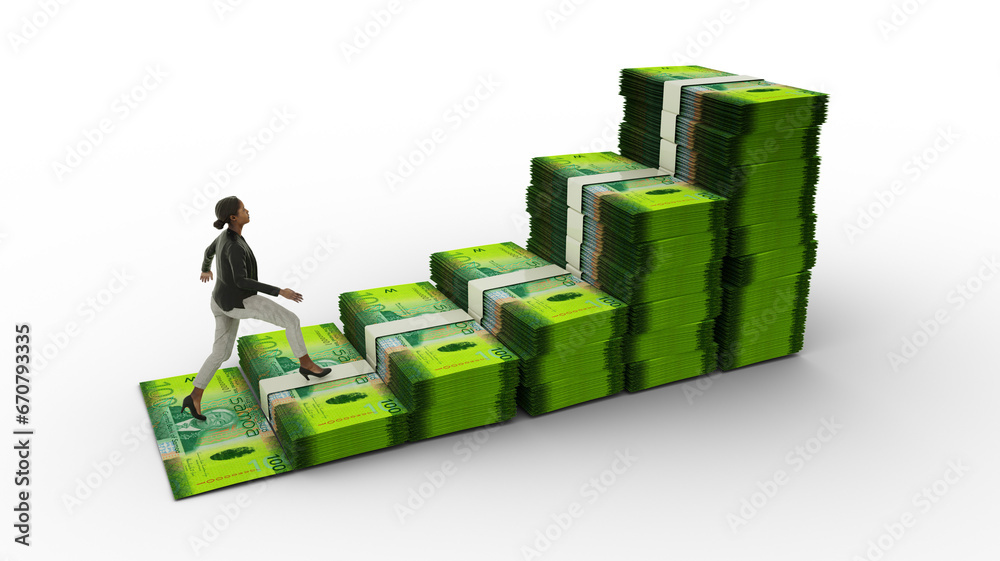 Business woman climbing stairs made of samoan tala notes. 3D rendering ...