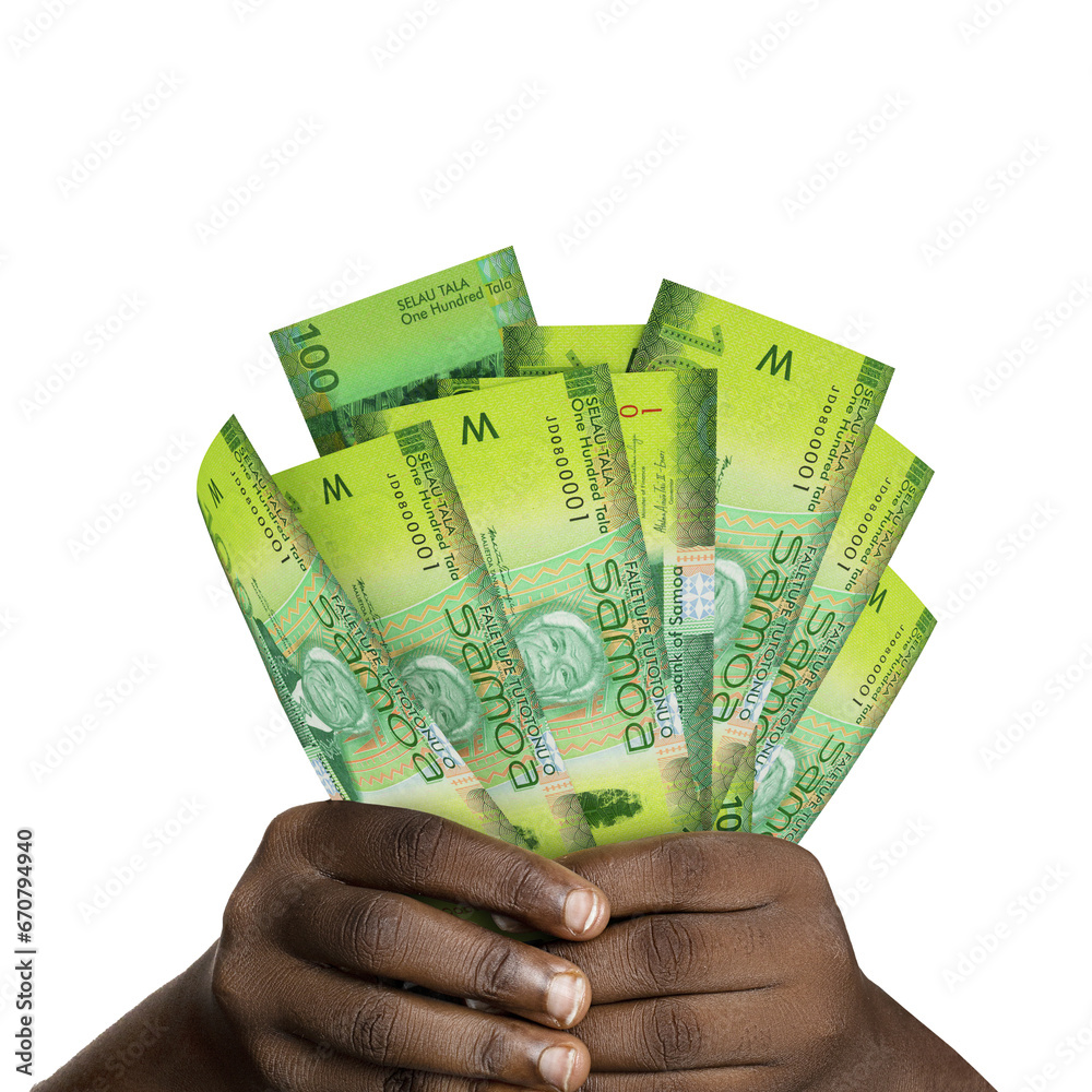 Black hands holding 3D rendered Samoan Tala notes. closeup of Hands ...