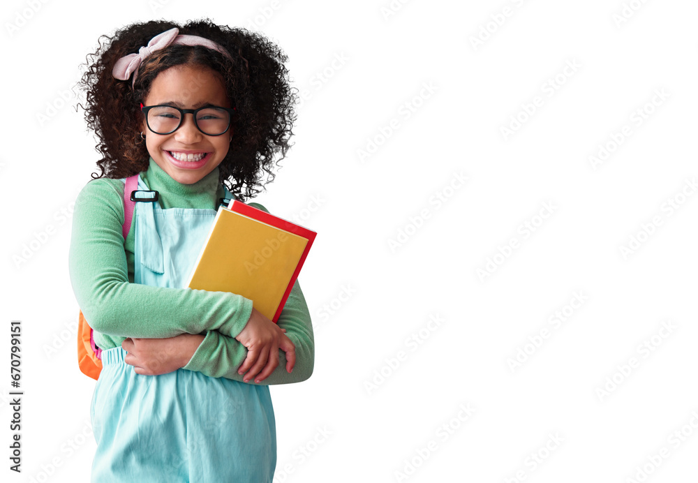 Kid, smile and portrait of student with books for education, study or ...