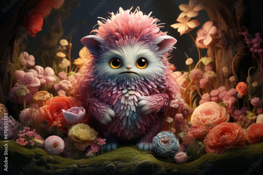 Furry monster in a lush, enchanted forest, surrounded by magical ...