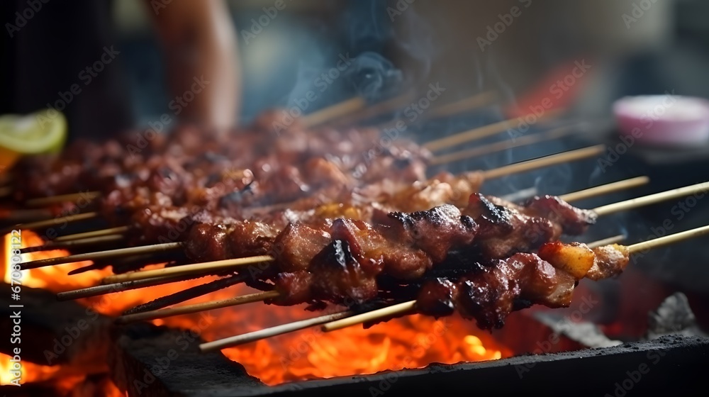 The process of burning savory beef satay with spicy seasoning on the ...
