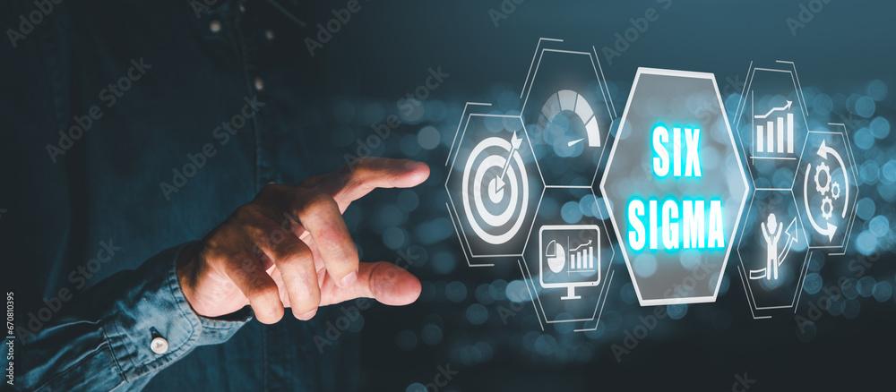 SIX sigma concept, Person hand touching six sigma icon on virtual ...