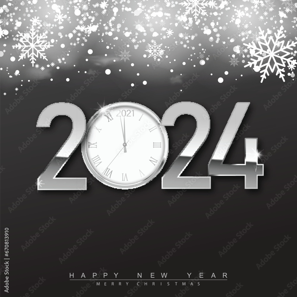 New Year 2024 countdown clock over silver background with fireworks and ...