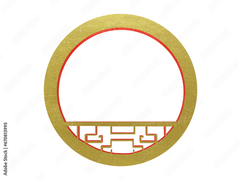 watercolor asian painting chinese round window red and gold frame png ...