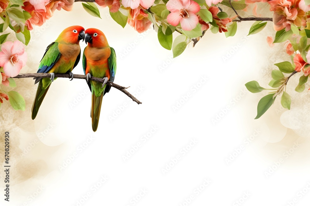 romantic background with a pair of love birds on the branches Stock ...