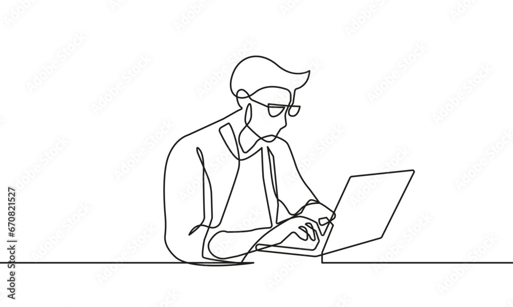 Continuous One Line Drawing of Businessman with Laptop. Man Working in ...