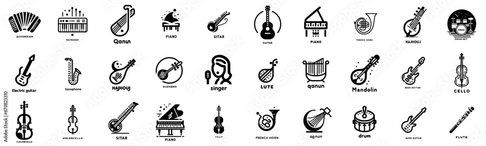Global Sounds: Diverse Music Instrument Icons, set of instruments ...