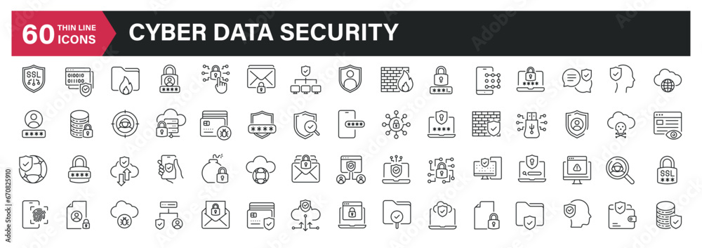 Cyber data security thin line icons. Editable stroke. For website ...
