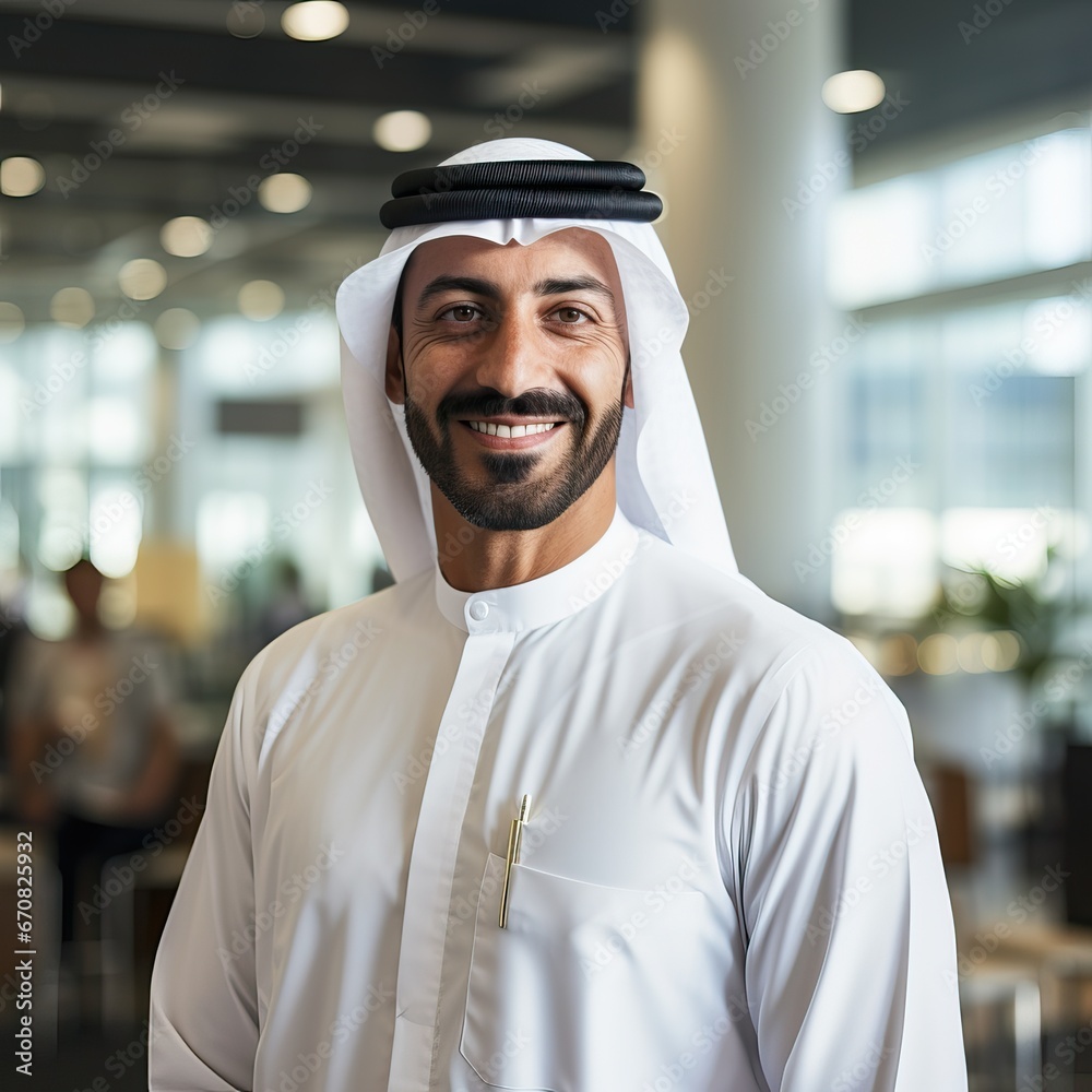 handsome man with dish dasha working in his business office of Dubai ...