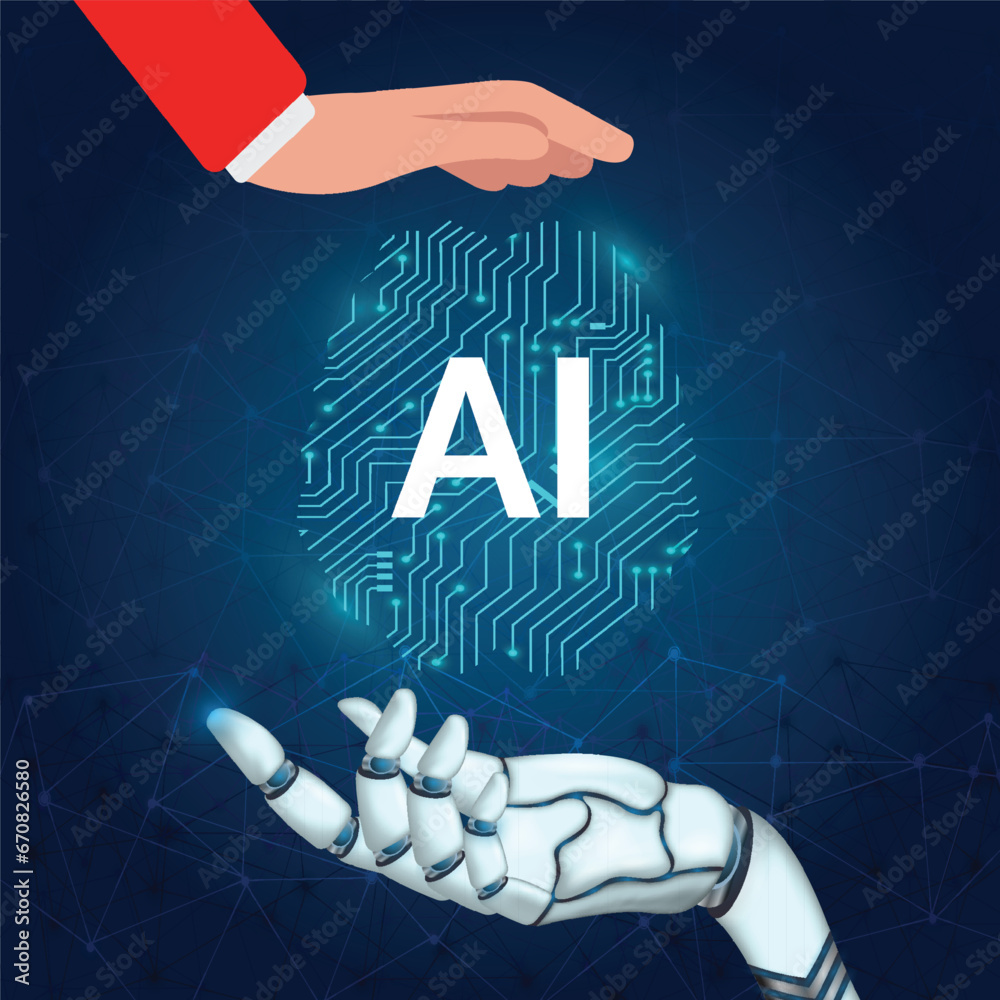 Ai electronic brain, human and robot hand with artificial intelligence ...