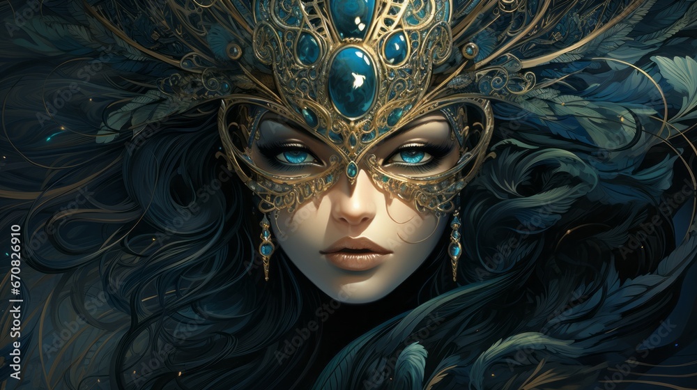 Enigmatic elegance exudes from the woman's masque-clad face, her ...
