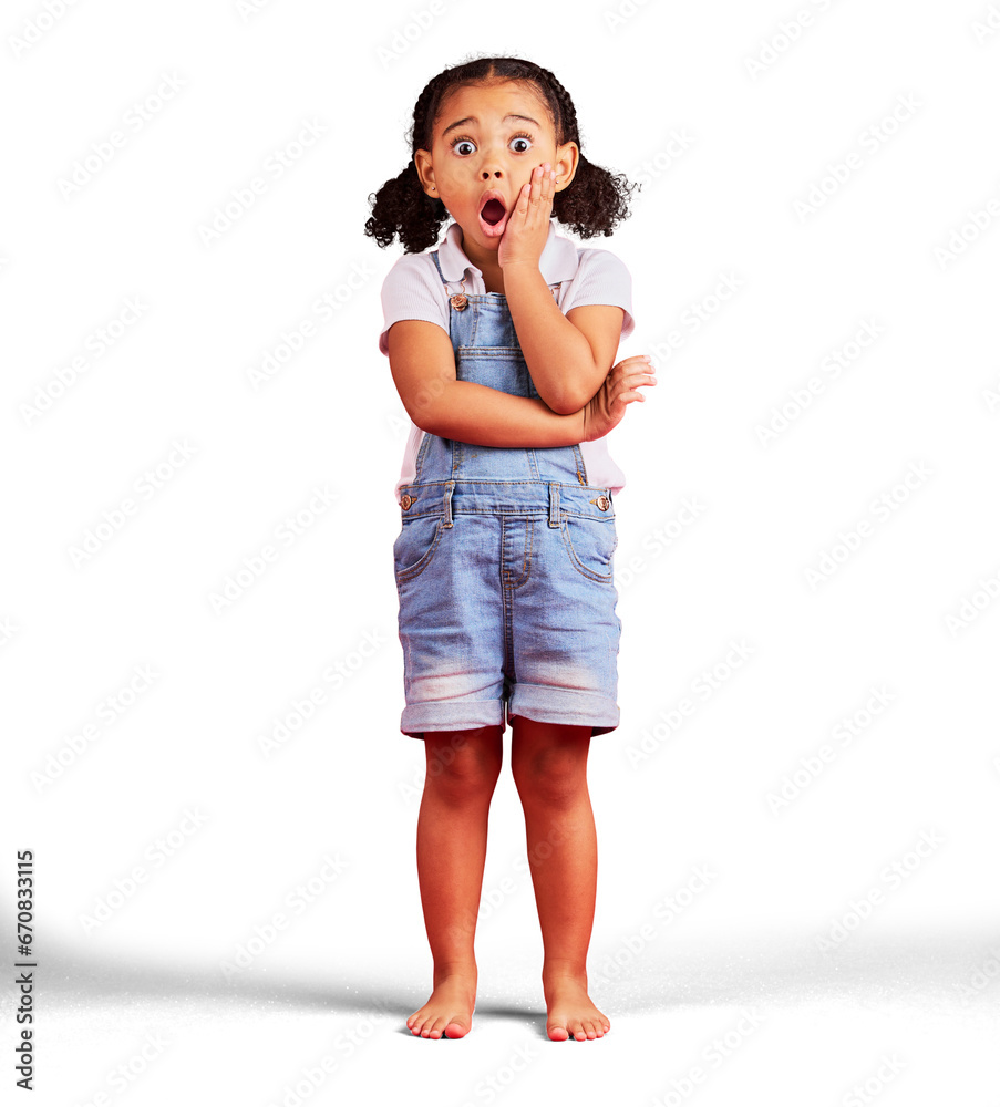 Little girl, portrait and shocked hand on face standing isolated on a ...