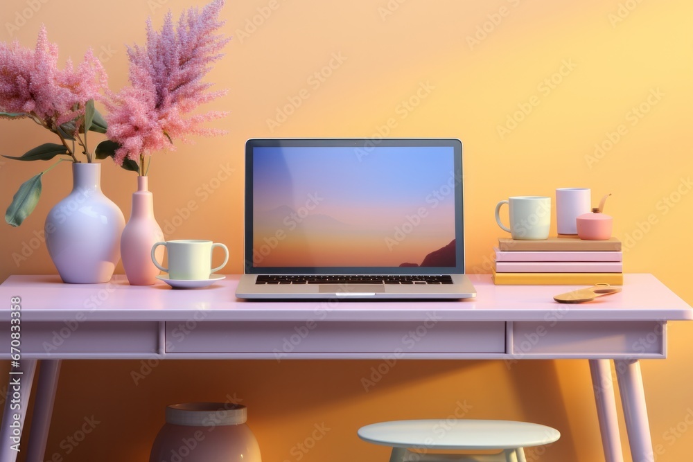 Pastel lavender office desk with a pastel yellow desktop computer ...