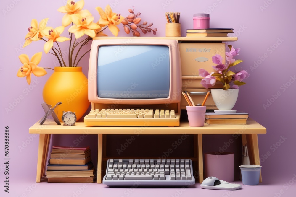 Pastel lavender office desk with a pastel yellow desktop computer ...