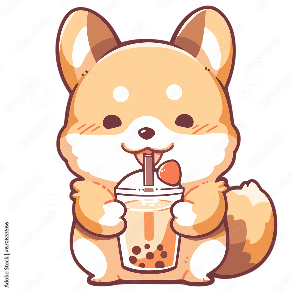 Corgi Dog drinks Boba Bubble Tea Kawaii Chibi transparent Background ...