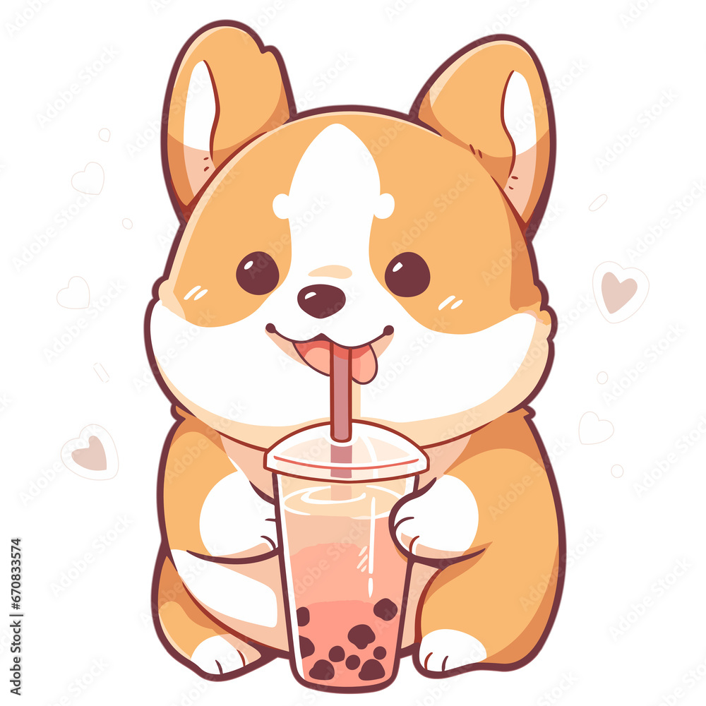 Corgi Dog drinks Boba Bubble Tea Kawaii Chibi transparent Background ...