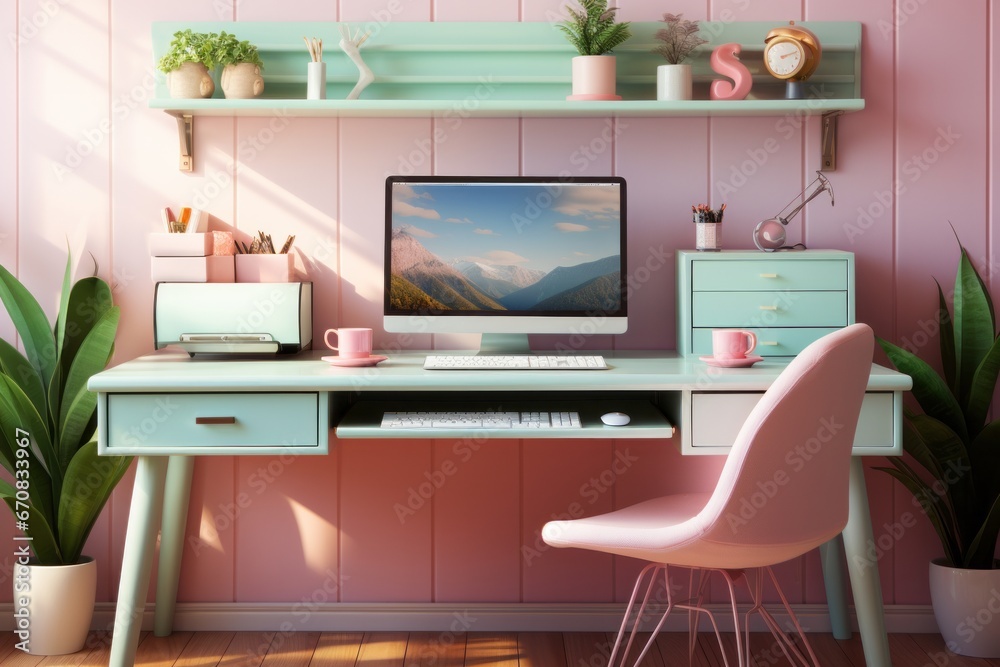 Pastel pink office desk with a pastel mint green desktop computer ...