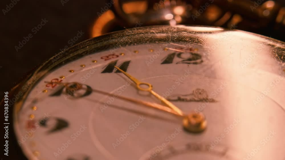 The clock face of an old vintage pocket watch with a glass cover ...