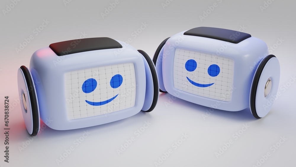 2 modern small robots isolated on white background, Ai robot 3d render ...