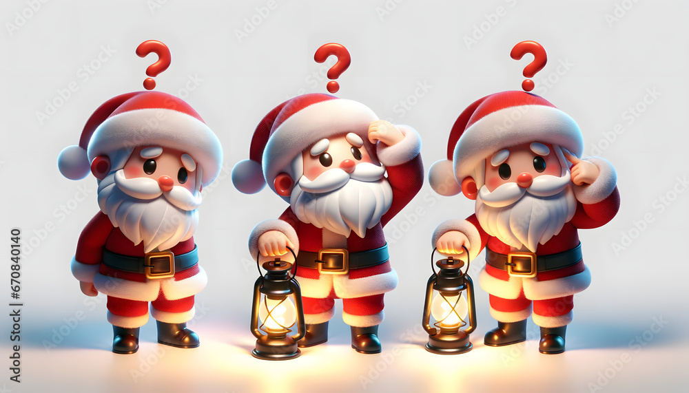 Cute Santas with question marks and vintage lanterns. Christmas holiday ...