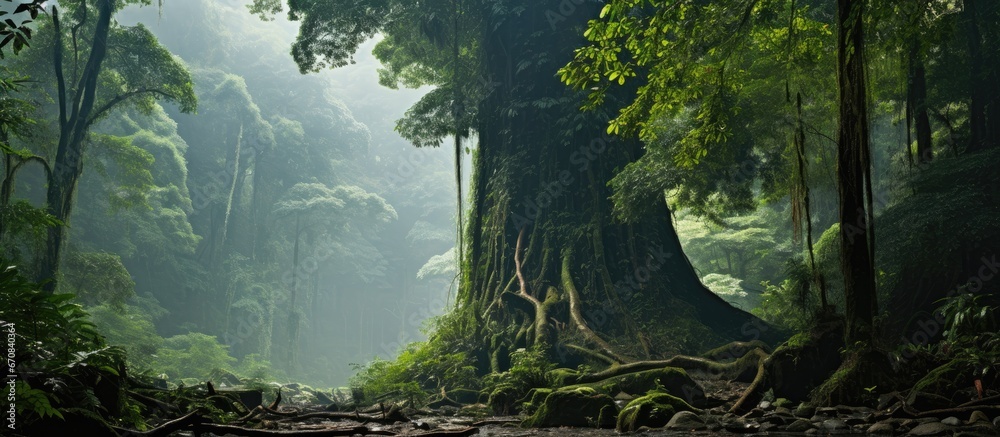 Birds eye perspective of massive ancient tree in pristine rainforest of ...