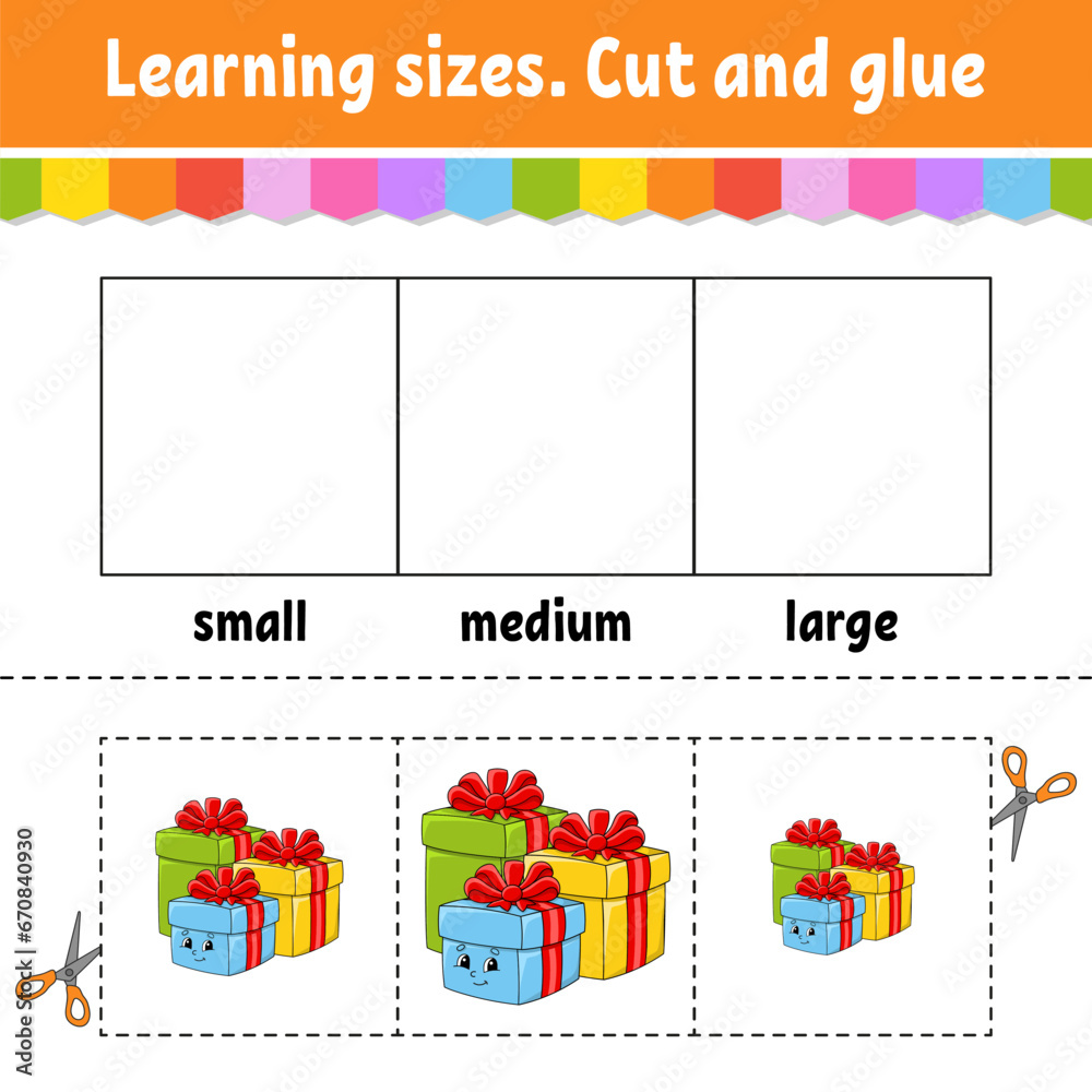 Learning sizes. Cut and glue. Easy level. Color activity worksheet ...
