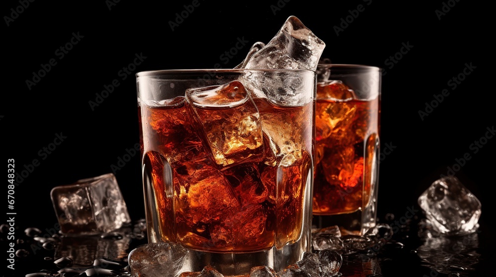 Cold cola drink in glass with ice cubes black background. AI generated ...