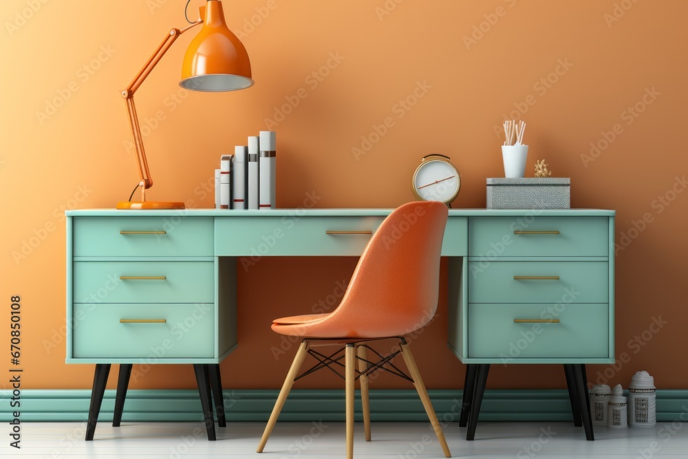Pastel turquoise office desk with a pastel orange chair, infusing ...
