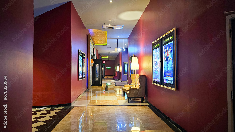 The atmosphere in a Major Cineplex waiting room is empty and no people ...