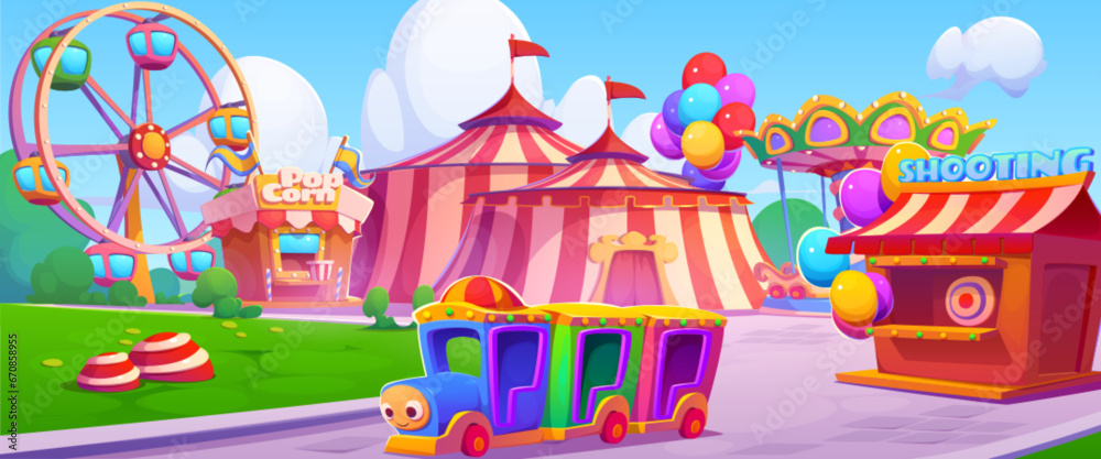 Amusement park with circus and ferris wheel. Vector cartoon ...