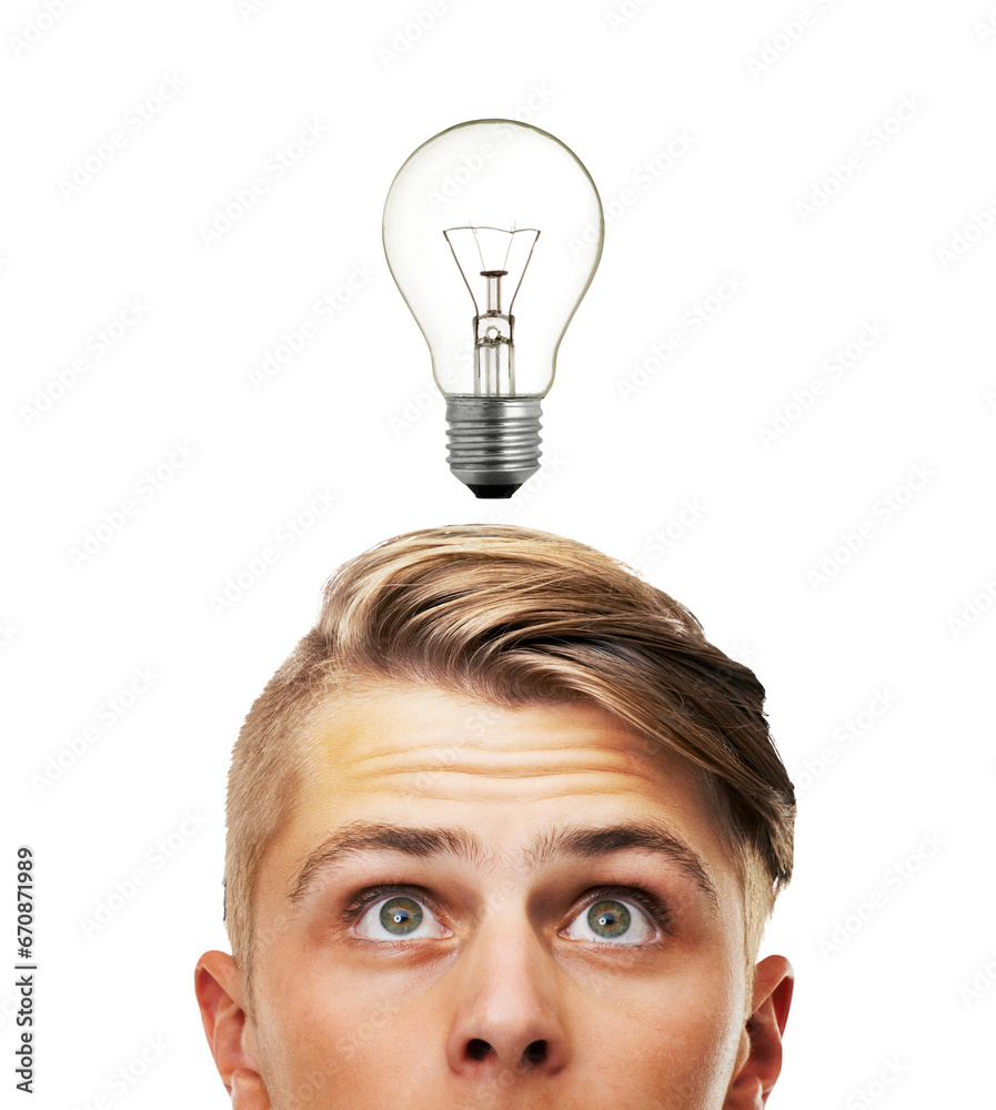 Lightbulb, thinking and young man ideas isolated on transparent, png ...