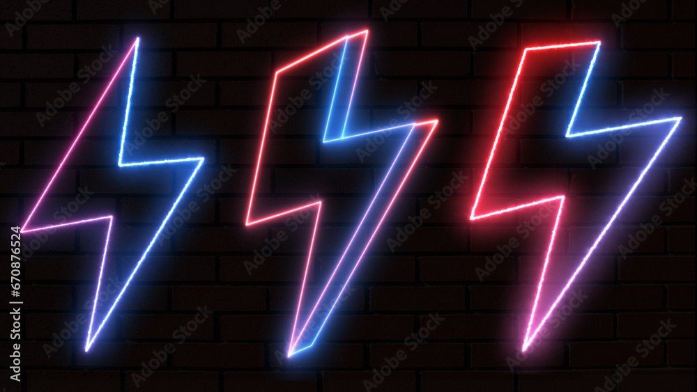 Neon lightning bolt, glowing sign. Blue and purple neon light icon ...