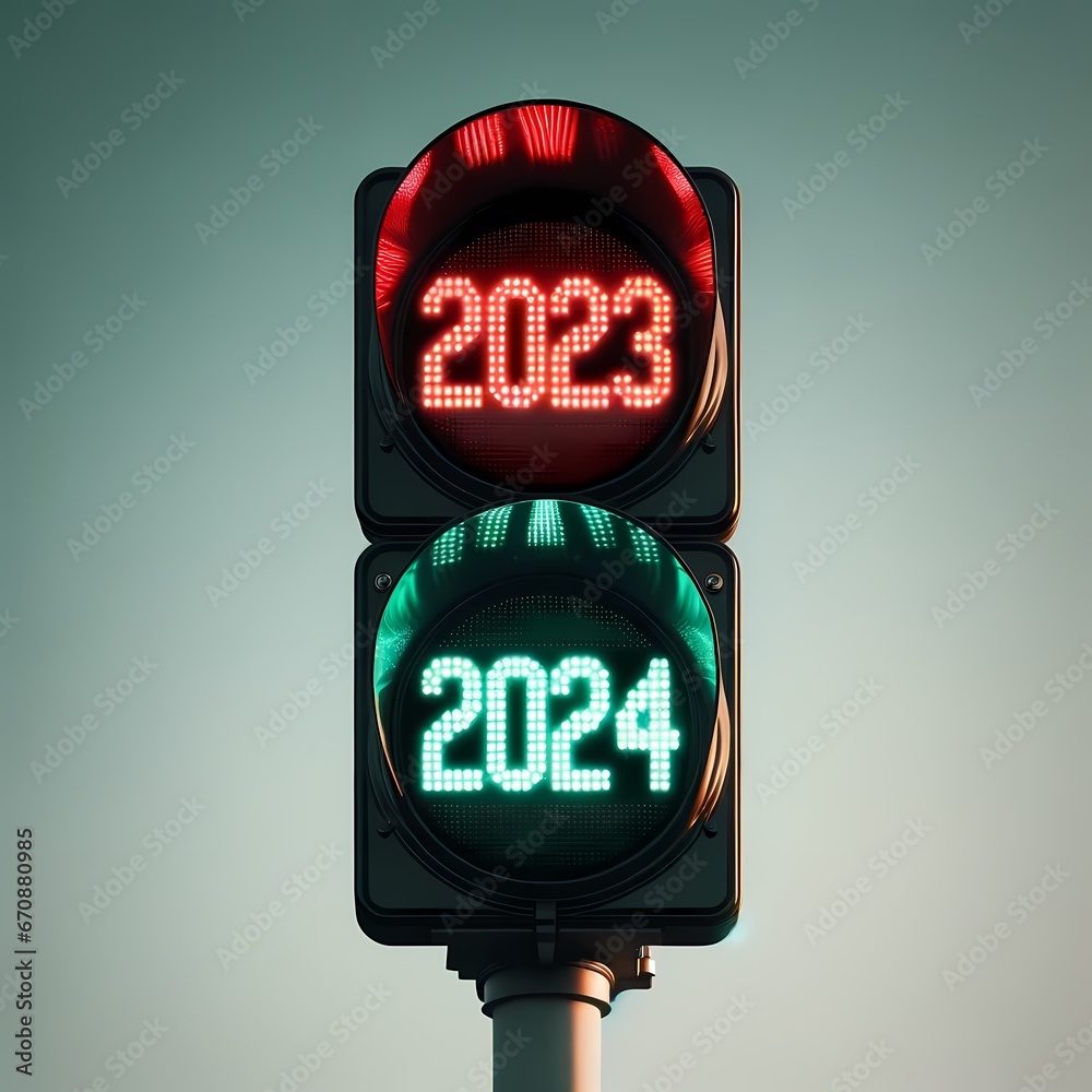 Happy new year 2024. Traffic light with green light 2024 and red 2023 ...