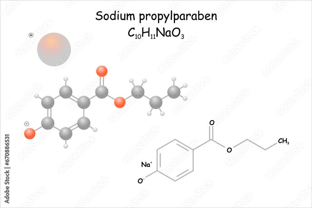 Sodium propylparaben. Stylized molecule model and structural formula ...