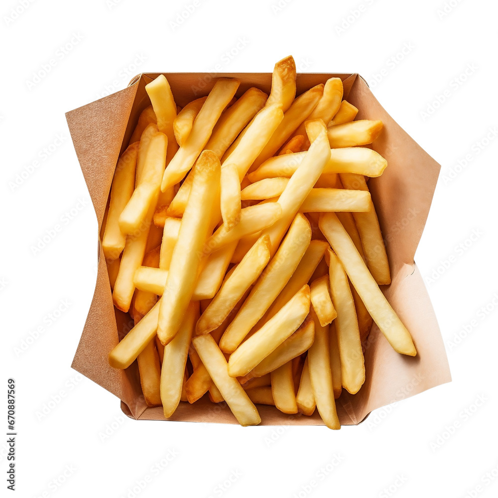 Takeaway potato french fries in paper box isolated on transparent ...