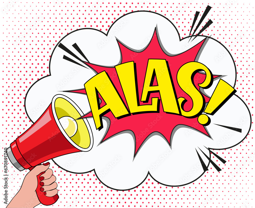 Comic lettering alas. Vector bright cartoon illustration in retro pop ...